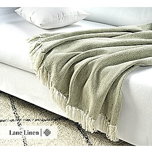 LANE LINEN Super Soft Throw Blanket for Couch & Bed - Classic Herringbone Weave with Tassel Cotton Lightweight Breathable Durable Cozy Warm – Pack of 2 50”x70” Sage Green