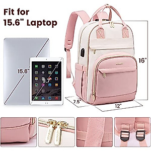 LOVEVOOK Laptop Backpack Women, Fits 15.6 Inch Laptop Bag, Fashion Travel Work Anti-theft Bag with Lock, Business Computer Waterproof Backpack Purse, University Backpacks, Beige-Pink-Pink