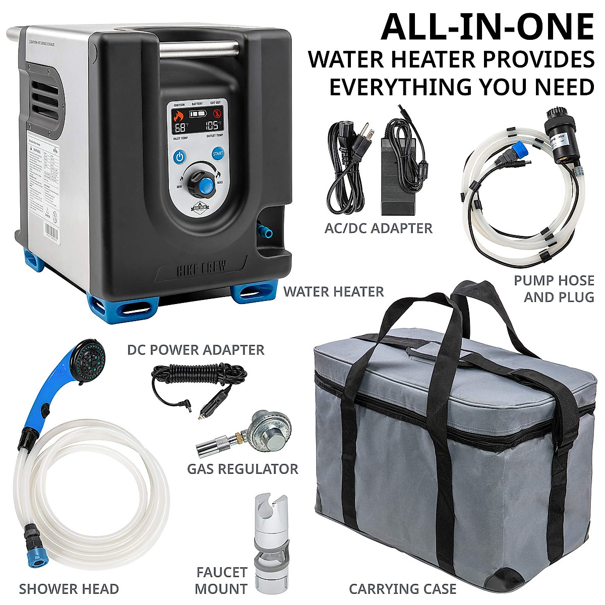 Hike Crew Portable Propane Water Heater & Shower Pump w/Built-in Battery | Compact Outdoor Cleaning & Showering System w/LCD, Safety Shutoff & Carry Case, Instant Hot Water for Camping & Hiking