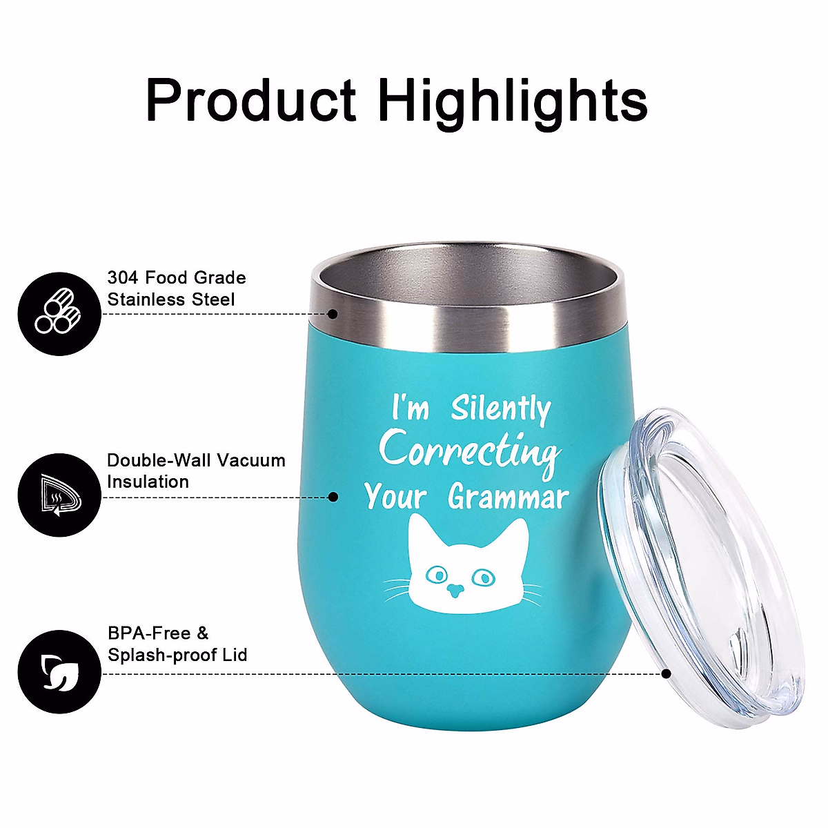 Qtencas Cat I'm Silently Correcting Grammar Wine Tumbler, Christmas Birthday Gifts for English Teachers, Grammar Police, Cat Lovers, Women, Funny Insulated Stainless Steel Tumbler (12Oz, Mint)