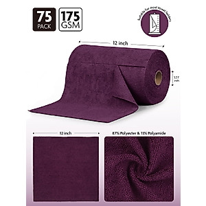 Fantasticlean Microfiber Cleaning Cloth Roll -75 Pack, Tear Away Microfiber Towels, 12" x 12", Reusable, Washable, Scratch Free, Ultra Absorbent Dish Rags for Car, Home, Garage or Shop (Dark Purple)