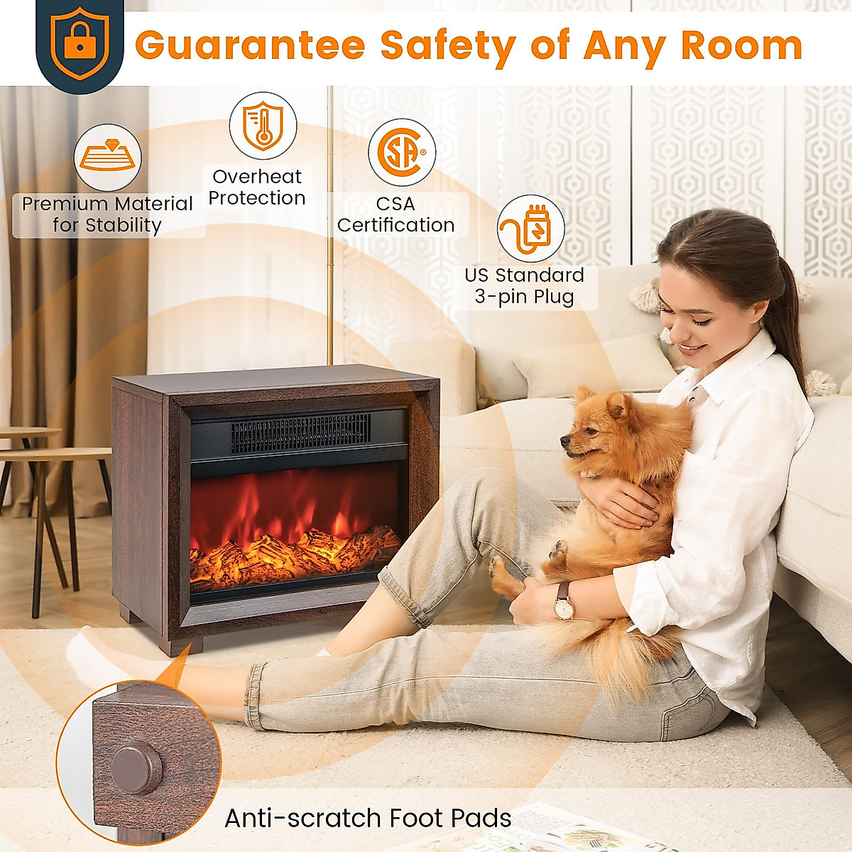 ORALNER Mini Electric Fireplace Heater for Indoor Use, 13 Inch Portable Fireplace Heater with Realistic Flame Effect, Overheat Protection, Compact Space Heater for Bedroom, 750W, Brown