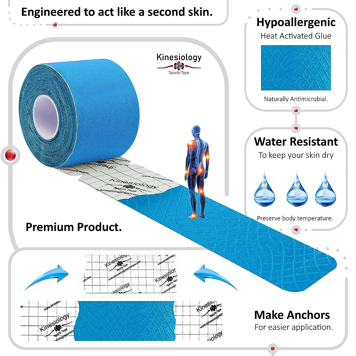 Kinesiology Tape Precut with Dispenser - Synthetic Sports Muscle Tape - Blue - 5m Roll - 20 Strips - Physiotherapy Tape for Face, Neck, Shoulder, Back, Elbow, Wrist, Knee, Calf & Ankle