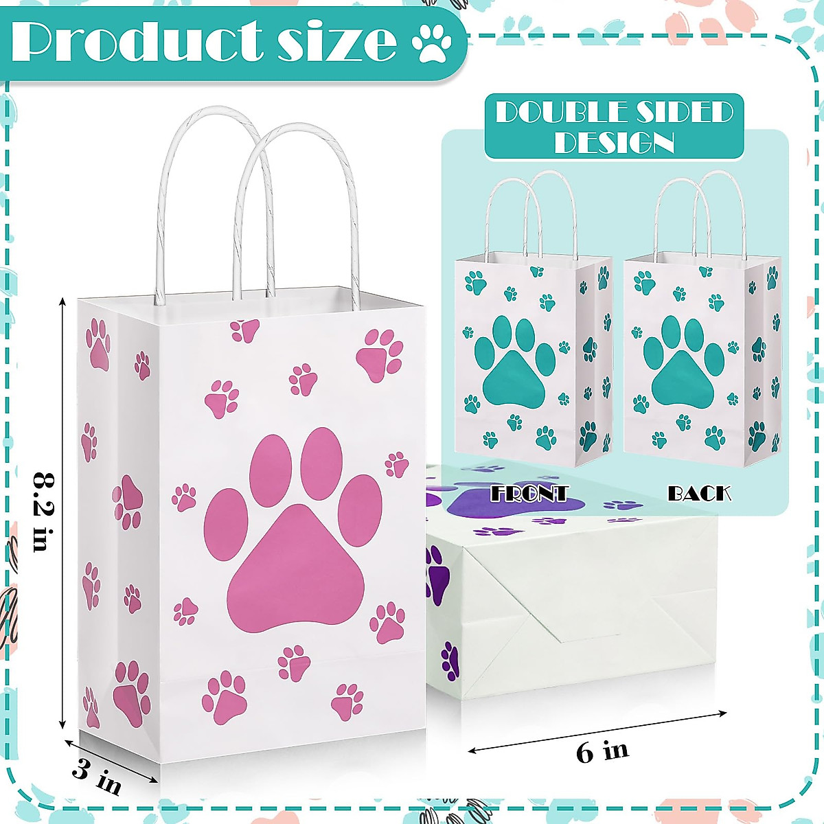 Resurhang 24 Pcs Paw Print Gift Bags with Handle Paper Treat Goodie Dog Gift Bags Dog Birthday Party Favors for Girl Boy Baby Shower, 8.2 x 6 x 3 Inches(Light Pink, Rose Pink, Teal, Purple)