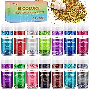 HTVRONT Holographic Chunky Glitter for Resin - 15 Colors Holographic Glitter for Resin, 150g/5.3oz Craft Glitter Set, Chunky Glitter for Tumblers, Craft, Body, Face, Nails