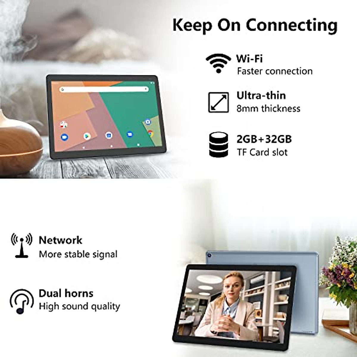 Android Tablet, 10 inch Tablets, 2GB+32GB Computer Tablet Support 512GB Expand, 2MP + 8MP Camera, IPS Screen, WiFi, Bluetooth, 6000mAh, Google GMS Certified Tableta Blue