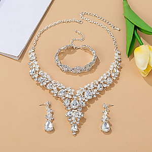 Paxuan Wedding Bridal Bridesmaid Austrian Crystal Rhinestone Jewelry Sets Statement Choker Necklace Earrings Bracelets Sets for Wedding Party Prom (Necklace + Earring + Bracelet (White))