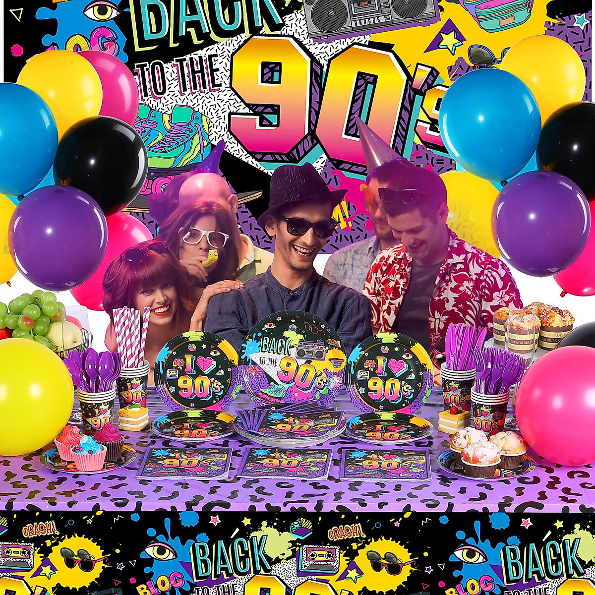 90s Party Decorations 90s Theme Backdrop Latex Balloons Back to The 90's Tablecloth Party Tableware Set 90's Paper Plates Napkins Knife Forks Flatware for Birthday Hip Hop Graffiti Supplies