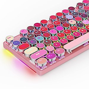 HUO JI Mechanical Gaming Keyboard Typewriter Style with RGB Side Lit and Rainbow Backlit, Retro Style, Blue Switches - Clicky, Metal Panel, Lipstick 104 Keys USB Wired for Mac, PC, Cute Pink