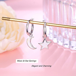 Star and Moon Friendship Earrings Created Opal Hoop Drop Dangle Earrings 925 Sterling Silver Star Moon Fans Best Valentines Day Birthday Gifts