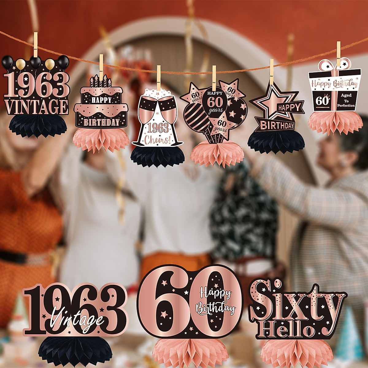 12Pcs 60th Birthday Decorations Women, Including 60th Birthday Honeycomb Centerpieces Decorations, Cake Topper and Candles, 1963 Birthday Table Sign Décor