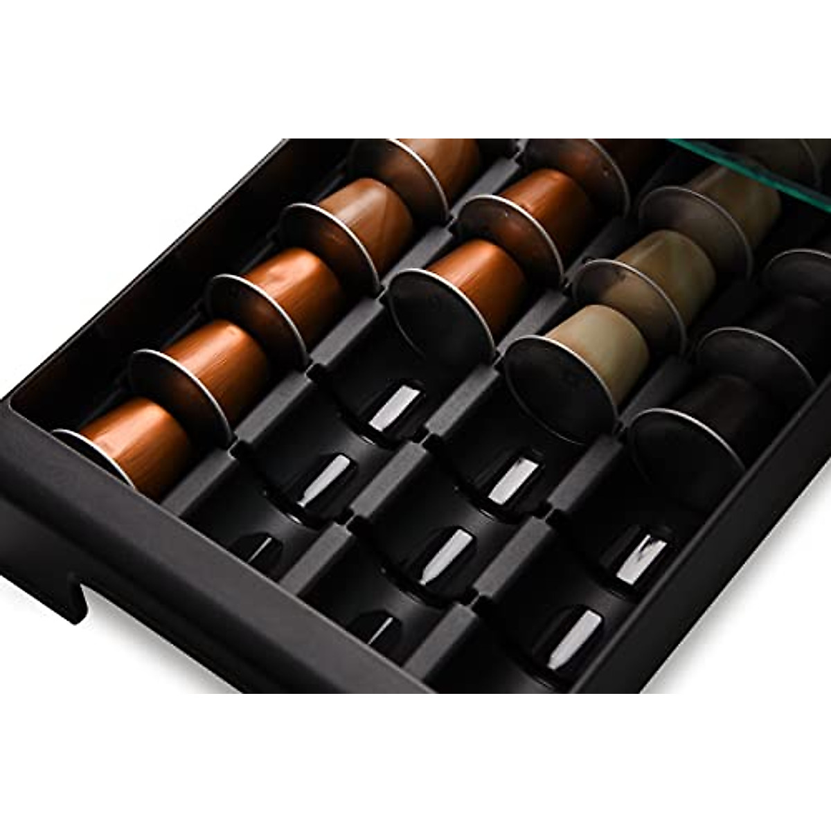 EVERIE Tempered Glass Top Coffee Capsules Holder Drawer Compatible with 36 Nespresso Originalline Pods, Small, NP04S-BL