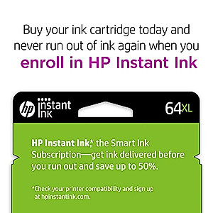 HP 64XL Black High-yield Ink Cartridge | Works with HP ENVY Inspire 7950e; ENVY Photo 6200, 7100, 7800; Tango Series | Eligible for Instant Ink | N9J92AN