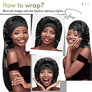 BONNET QUEEN Braid Bonnet Silk Bonnet Foldable Extra Long Bonnet for Braids Satin Bonnet for Sleeping Hair Bonnet with Tie Band Long Sleep Cap Black