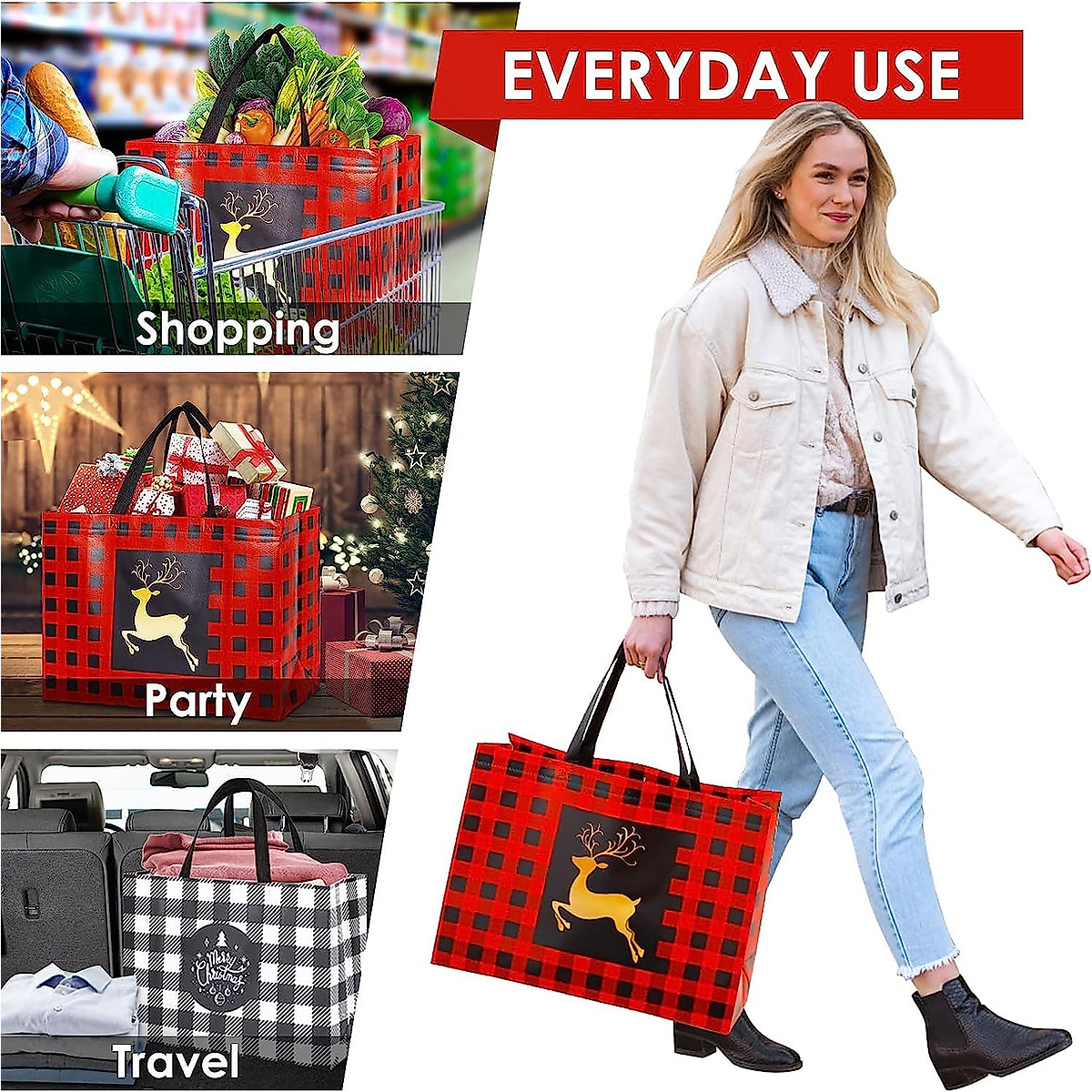 YANGTE 16 Pack Extra Large Christmas Gift Bags, Reusable Tote Bags with Handle Non-Woven Christmas Grocery Shopping Totes for Holiday Xmas, 16.9 * 12.6 * 6.8"