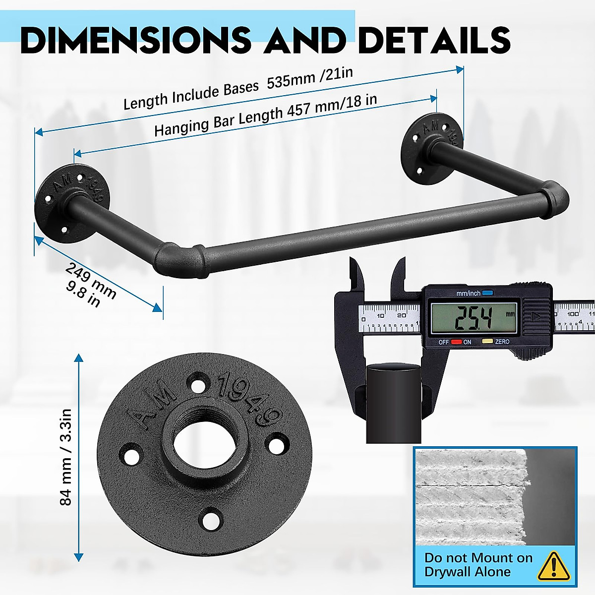 Boshangjia Industrial Pipe Clothes Rack Set of 2, 21” Heavy Duty Wall Mounted Clothing Rack Multi-Purpose Garment Bar, Space-Saving Hanging Rod for Laundry Room,Closet Storage