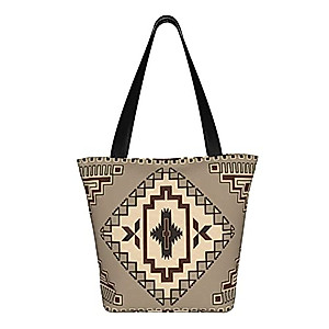 Beige Navajo Traditional Geometric Women's Shoulder Handbag Casual Tote Bag Storage Handle Bag