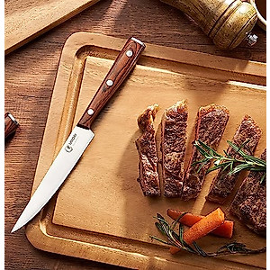 UMOGI Premium Steak Knives Set of 6 in Gift Box - Polished Wood Handle, HC German Stainless Steel, Straight Edge Non Serrated - 4.8''Dinner Knife, Kitchen Tableware Knives Cutlery Set