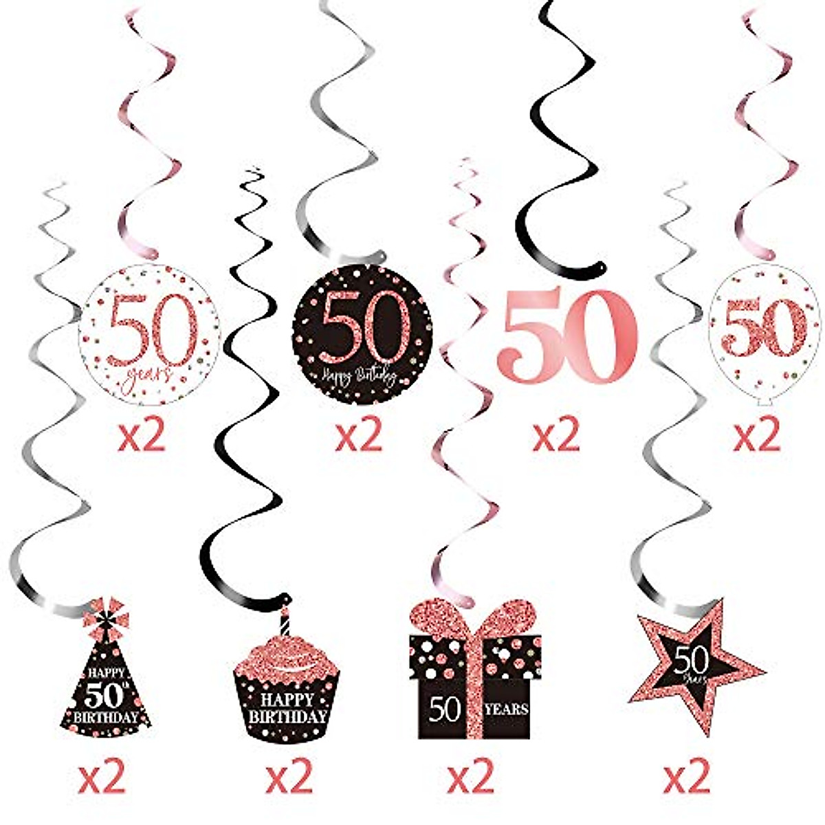 Blulu 50th Birthday Party Decorations, 50th Birthday Party Rose Gold Hanging Swirls Ceiling Decorations Shiny Foil Swirls for 50th Birthday Decorations 50 Years Old Party Supplies 30 Count