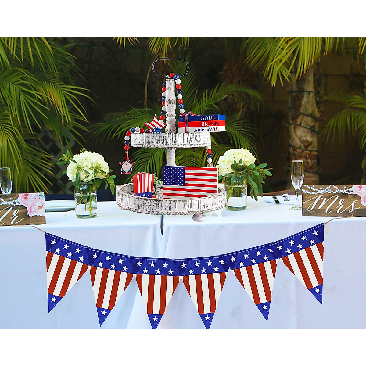 5Pcs 4th of July Tiered Tray Decor Patriotic Wood Signs American Flag Stars and Stripe Wood Blocks Red White Blue Wooden Bead Garland for 4th of July Memorial Day Home Table Decor
