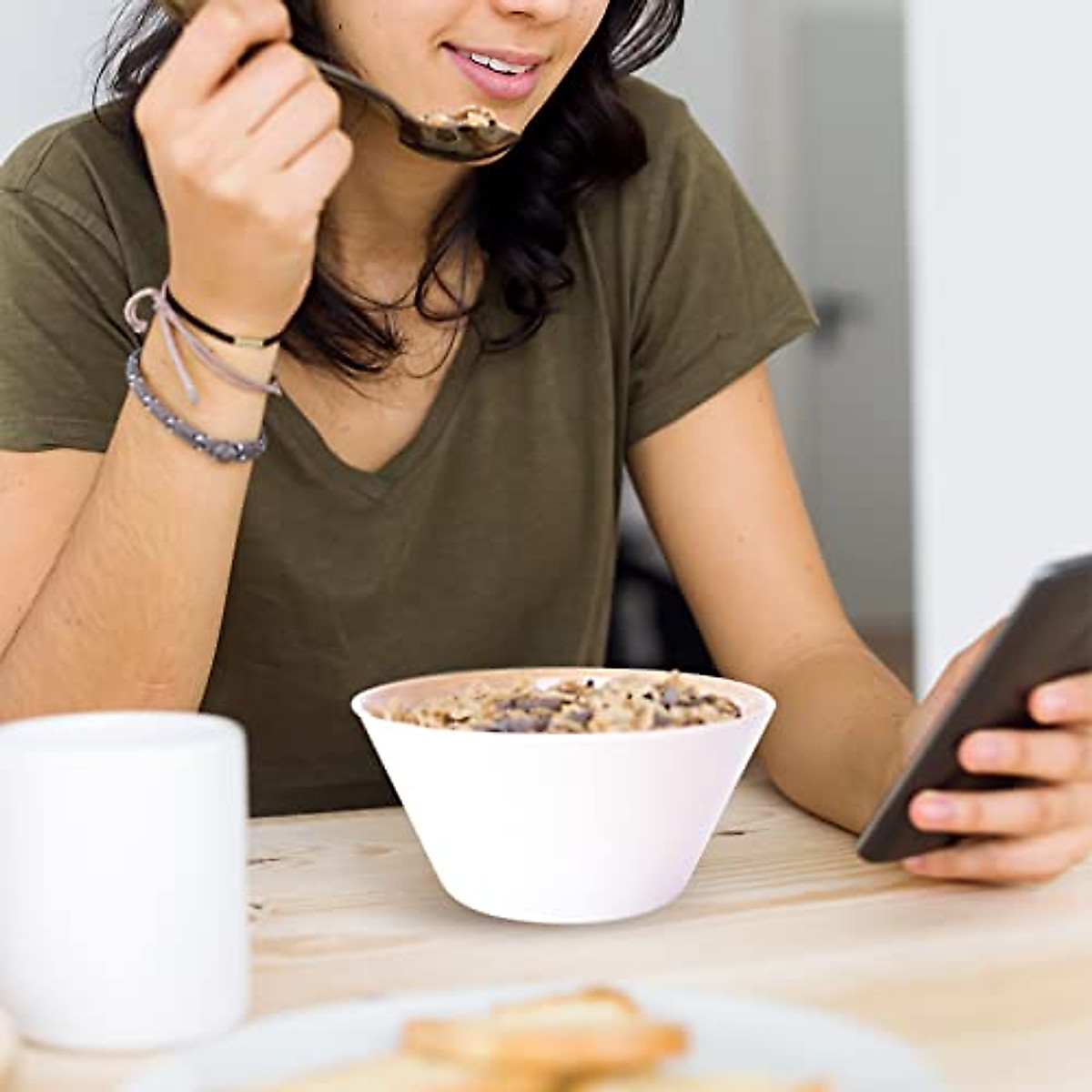 Consistently Creative 6-inch Melamine Bowl, 6 Bowl Set in Cream with Wood, Break Resistant Melamine Bowl