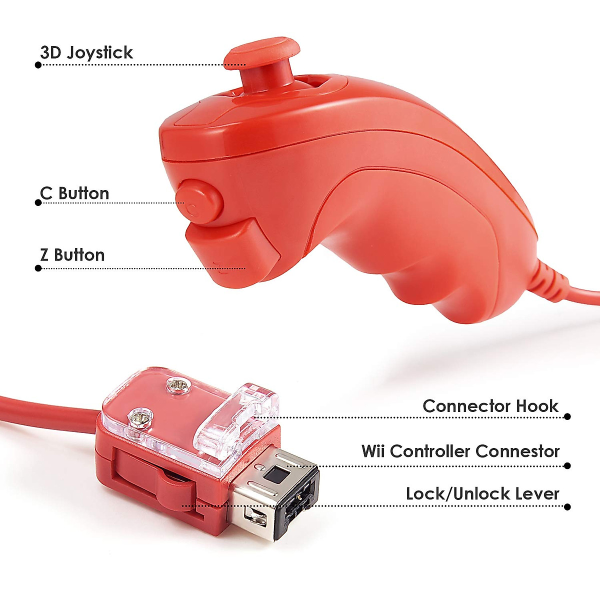 LUXMO PREMIUM Wii Nunchuck Controllers,2 Packs Nunchuck Controllers for Wii U Replacement for WII U Video Game - Red