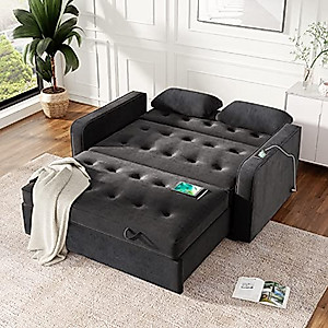 YUNLife&Home 65.7" Convertible Pull Out Sleeper Sofa Bed,Adjustable Loveseat Armchair Single Couch Chair with USB Port 2 Pillows for Living Room Apartment Small Space Furniture Set, Black