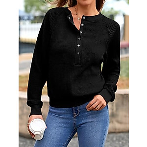 PRETTYGARDEN Fall Casual Sweatshirt for Women v Neck Long Sleeve Jumper Loose Knit Henley Top Button Slouchy Pullover Oversized Crop Sweater (Black, X-Large)