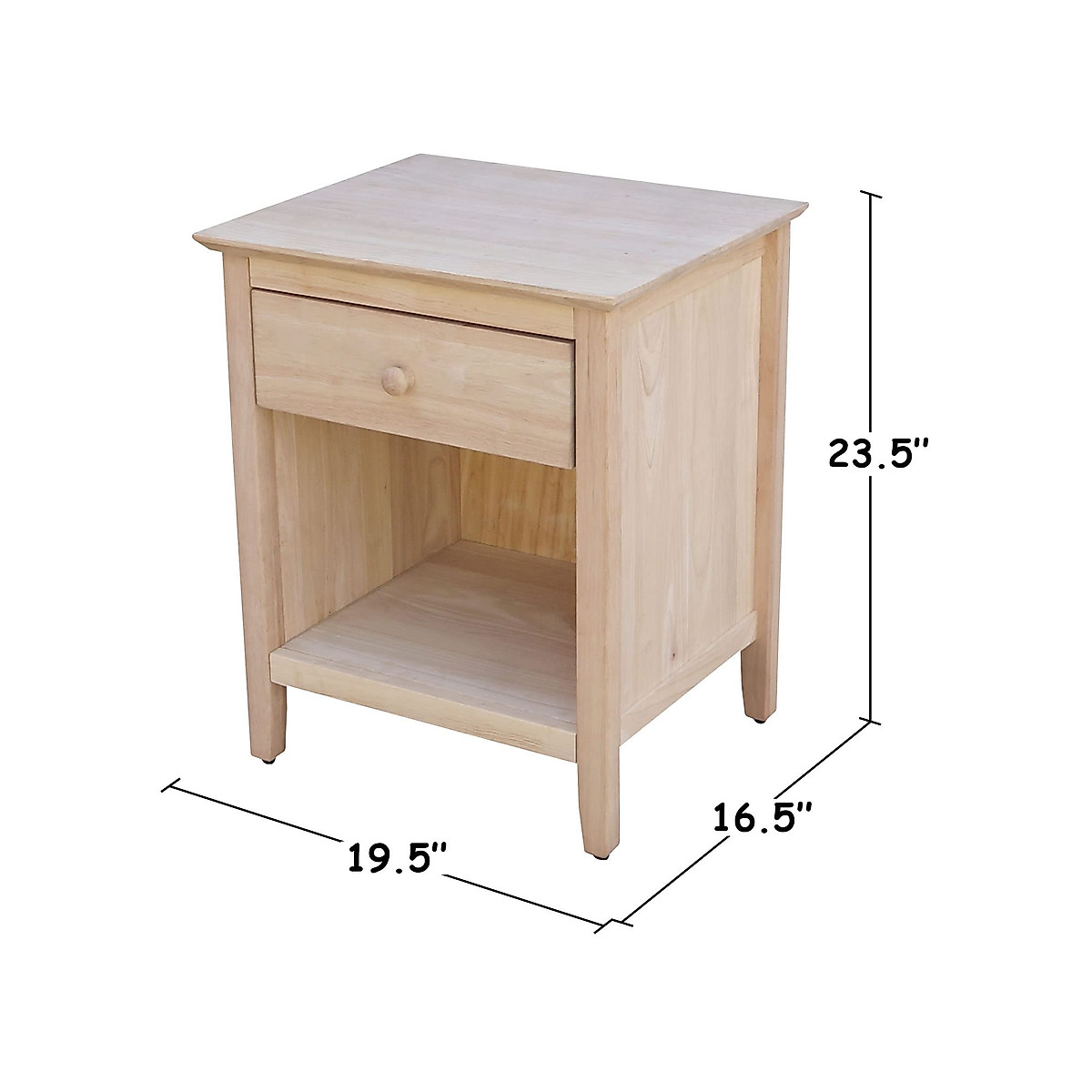International Concepts Solid Wood Bedroom Nightstand 23.5" H, 1 Drawer, Sturdy Parawood, Paint or Stain in Any Color, Durable Eco-Friendly, Traditional and Elegant Design, Unfinished