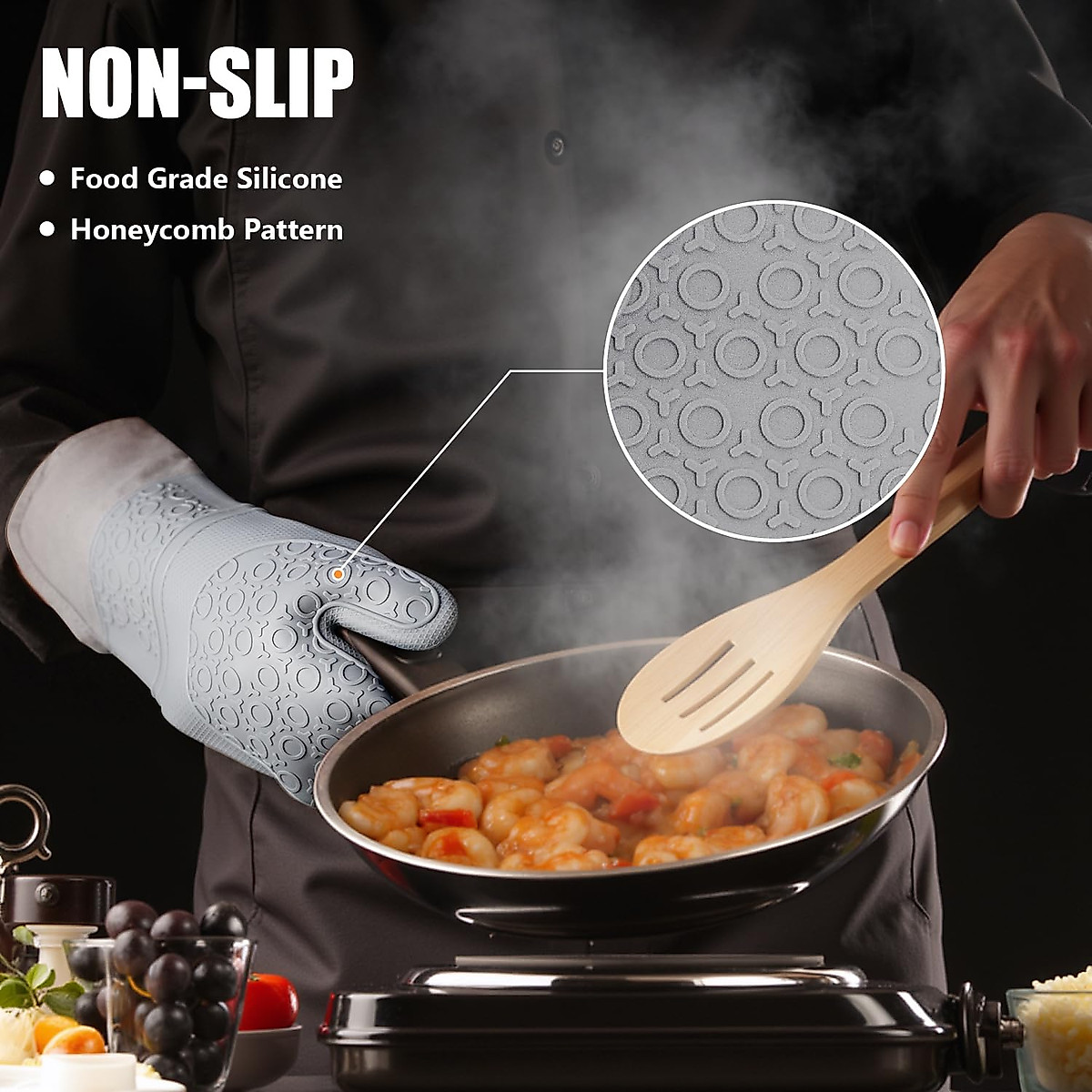 Rorecay Extra Long Oven Mitts and Pot Holders Sets: Heat Resistant Silicone Oven Mittens with Mini Oven Gloves and Hot Pads Potholders for Kitchen Baking Cooking, Quilted Liner, Gray, Pack of 6