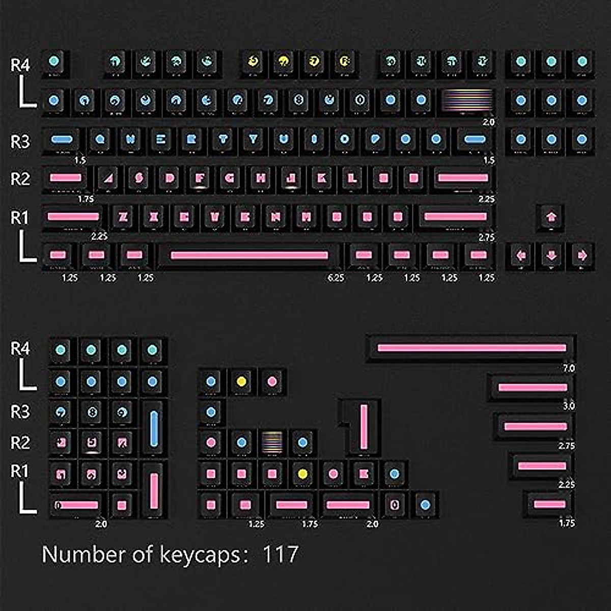 Keycaps PBT Keycap 117 Key Set for Mechanical Keyboards Multiple Color Styles English (US) Layout (Multicolor-Black)