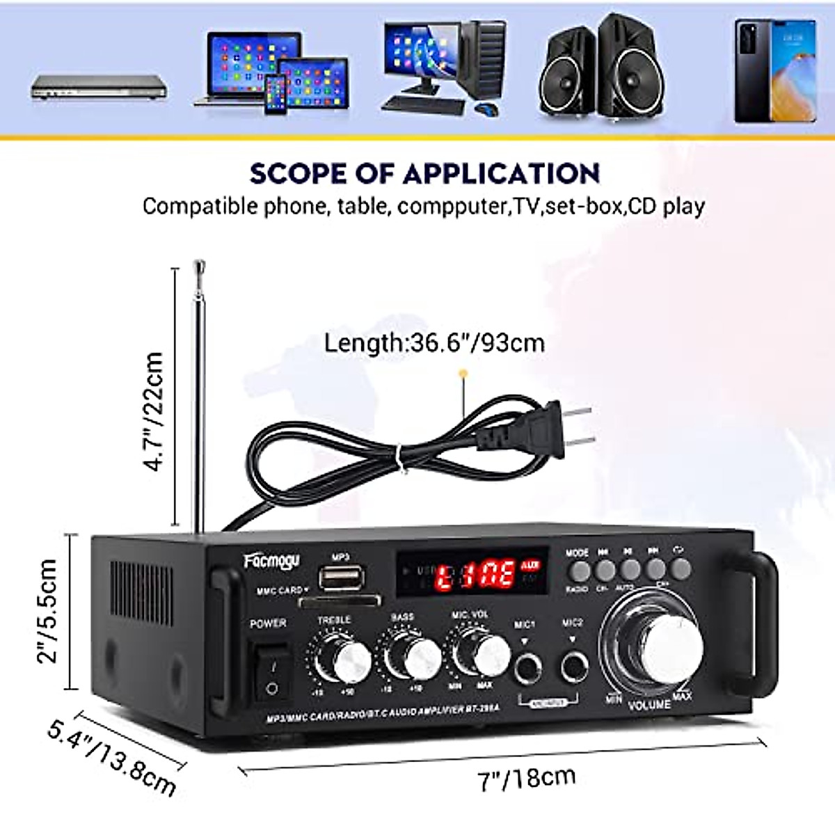 Facmogu 298A Max 300Wx2 Wireless Bluetooth 5.0 Stereo Audio Amplifier, RMS 40Wx2 Power Amp 2 Channel Stereo Receiver for Home Theater Speakers, Bass & Treble Control, USB/SD/RCA/MIC/FM in, Remote