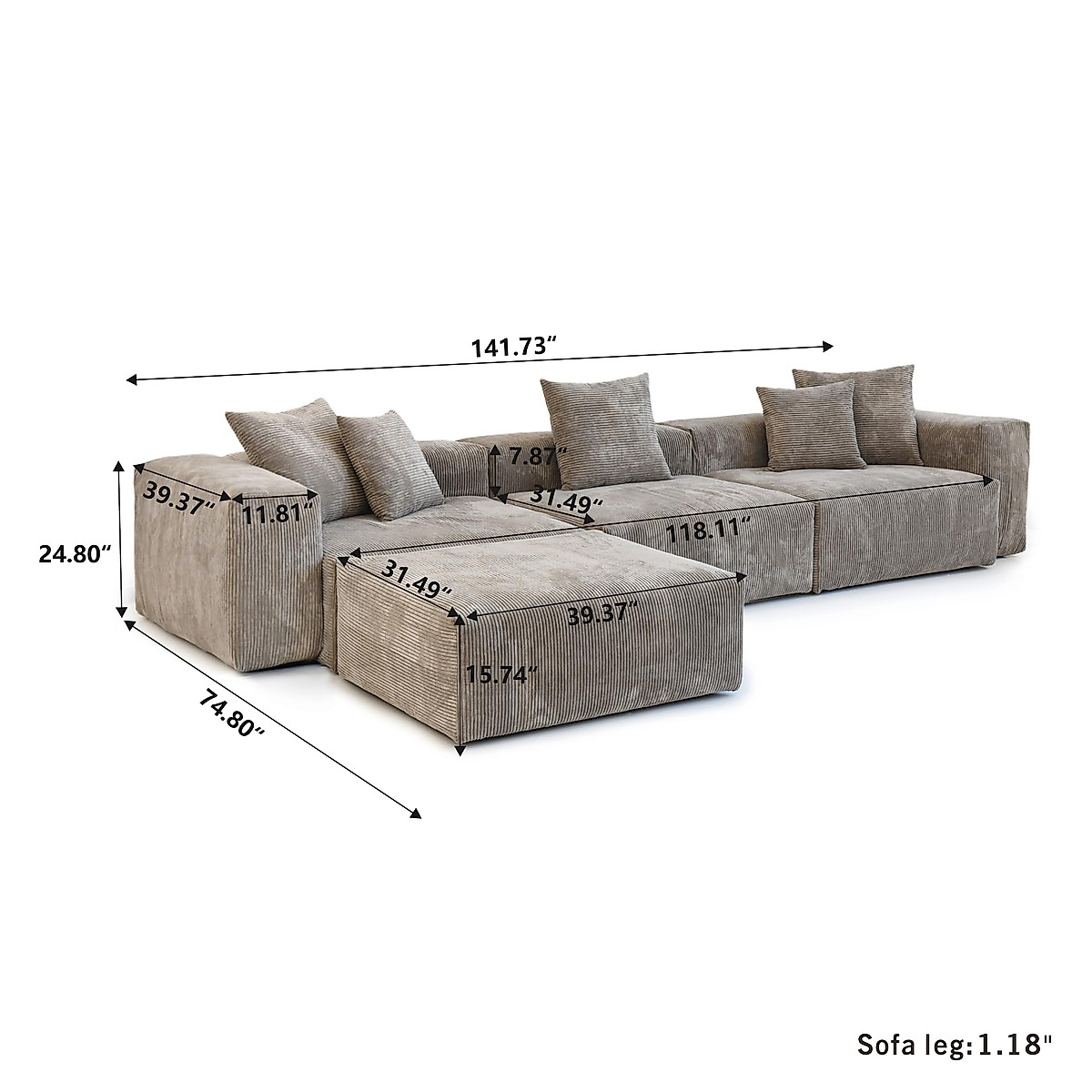 Sdorens 141.73" Modular Sectional Sofa, L Shaped Sofa Couch with Ottoman, Corduroy Fabric Brown Sofa Couch with 5 Pillows, Oversized Sofa Set for Living Room