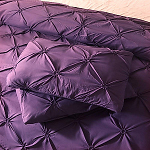 Feelyou Pintuck Duvet Cover Set King Size Purple Pinch Pleat Duvet Cover Tufted Design Bedding Set Zipper Soft Polyester Comforter Cover with 2 Pilllow Shams, Solid Geometric 3 Pieces