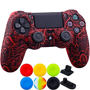 9CDeer 1 Piece of SiliconeTransfer Print Protective Cover Skin + 6 Thumb Grips & Dust Proof Plugs for PS4/Slim/Pro Controller Foliage Red