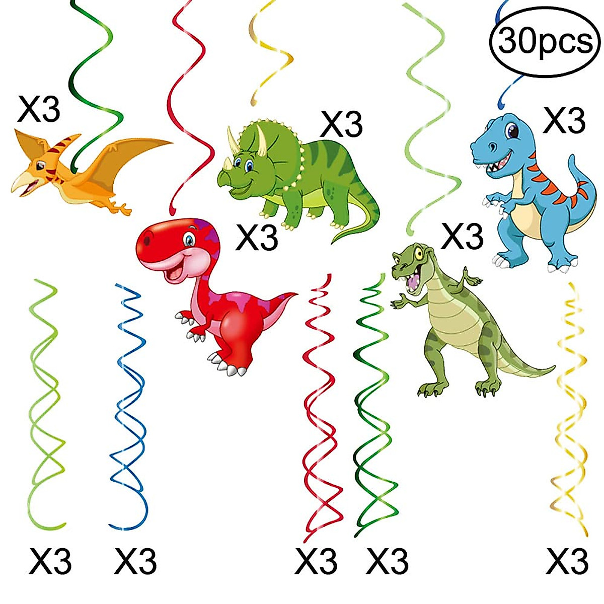 UOMNICUE Dinosaur Hanging Swirl Decorations,30 PCS Jurassic Dinosaur Foil Swirls Ceiling Spiral Streamers for Kids Boys Girls Birthday Baby Shower Dino Party Supplies Favors Home Classroom Decoration