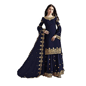 Generic Prija Collection Ready To Wear Indian Pakistani Wedding Wear Palazzo Style Salwar Suit For Women, Nevy Blue, X-Large