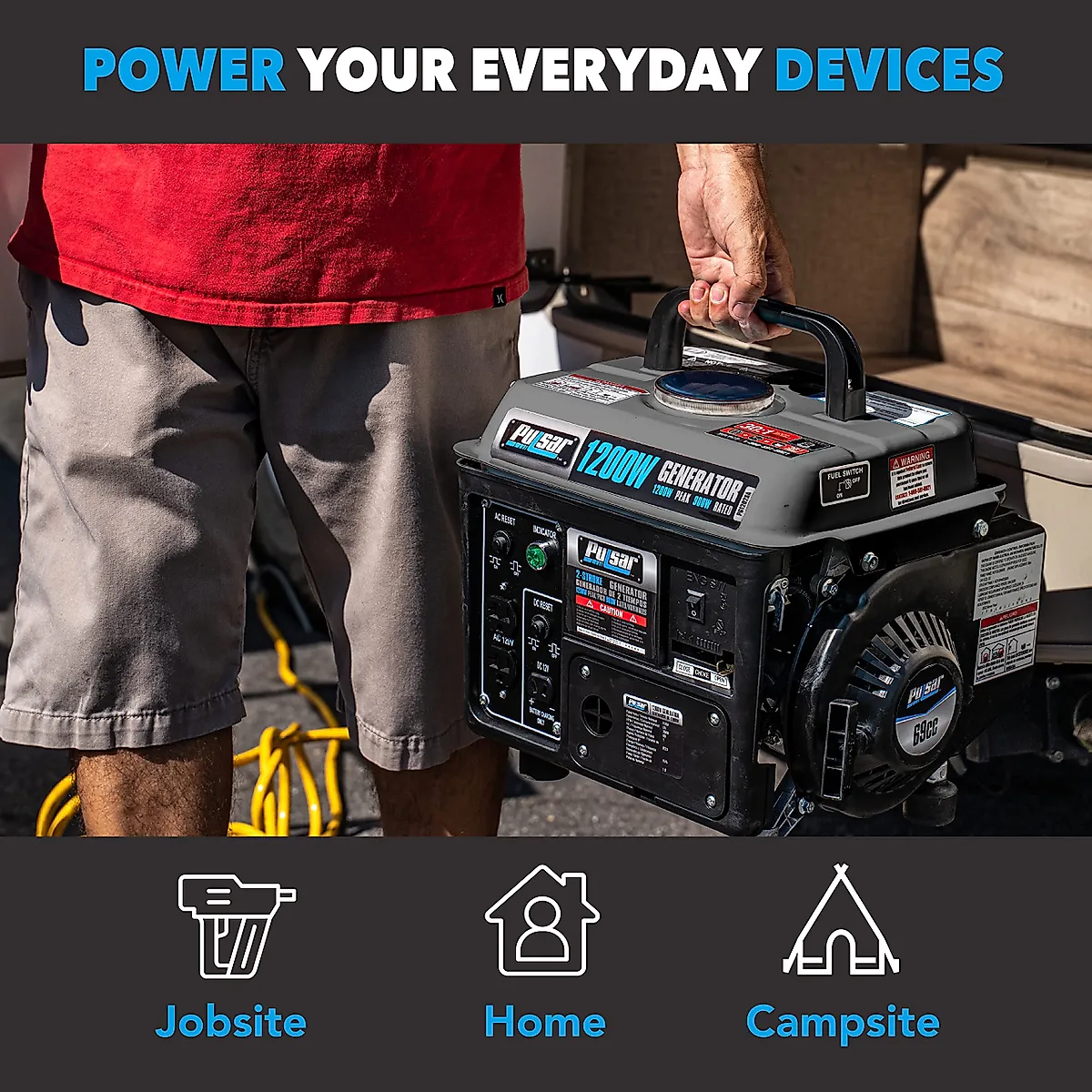 Pulsar G1200SG 1,200W Carrying Handle Gas-Powered Portable Generator, 1200w, Black/Gray