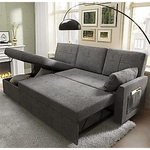 VanAcc Sofa Bed, 2 in 1 Pull Out Couch Bed with Storage Chaise for Living Room, Sofa Sleeper with Pull Out Bed, Gray Chenille Couch