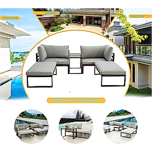 LOKATSE HOME Patio Furniture Conversation Metal Sofa Sunroom Indoor Chaise Lounge Cushioned Chairs with Ottoman Table, 5 Piece Set, Grey