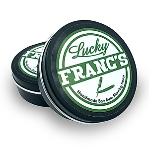 Lucky Franc's BayRum Shaving Soap - Premium Luxury Bay Rum Shave Soap for Men - Natural Shea Butter, Argan Oil, Kaolin, & Aloe - Barber Quality Lather 4oz Shaving Soap Puck - Shaving Soap Made In USA