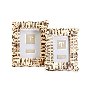 Two's Company 2-Piece 4" x 6" and 5" x 7" Rattan Photo Frame Set, Hand Woven Wicker Weave Natural Wood Rustic Boho Decor Frames