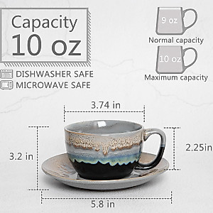 Bosmarlin Ceramic Cappuccino Cup and Saucer Set of 2, 10 Oz, Dishwasher and Microwave Safe, Coffee Cups for Latte, Espresso, Tea, Reavtive Glaze (Grey, 10 oz)