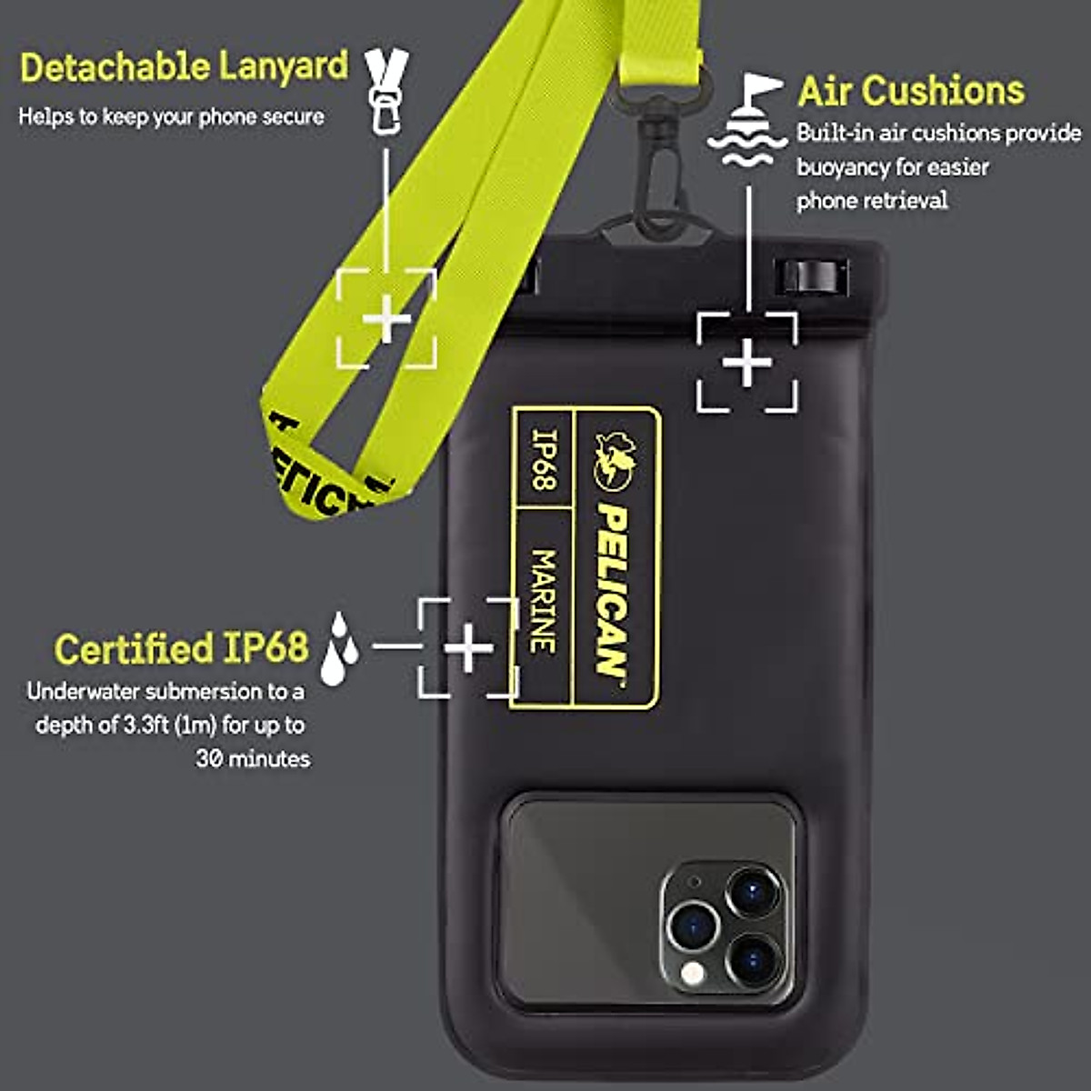 Pelican Marine - IP68 Waterproof Phone Pouch / Case (Regular Size) - Floating Waterproof Phone Case For iPhone 14 Pro Max/ 13 Pro Max/ 12 Pro Max/ 11/ S23 Ultra - Detachable Lanyard - Black/Yellow