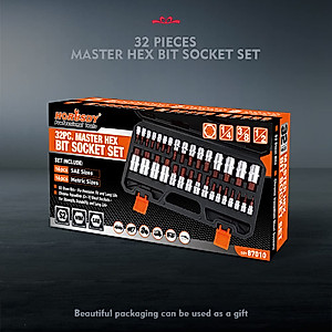 HORUSDY Allen Socket Set | 32-Piece Hex Bit Socket Set | S2 Steel Socket | SAE and Metric | 1/4", 3/8", & 1/2" Drives