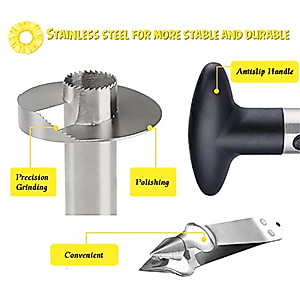 Pineapple Corer and Slicer Tool, Stainless Steel Pineapple Core Remover Tool with Pineapple Eye Peeler, Stainless Steel Pineapple Cutter for Home Kitchen with Sharp Blade for Diced Fruit Rings