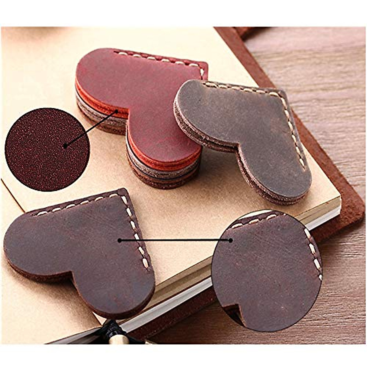3Pcs Heart-Shape Leather Bookmark Page Corner Page Maker Leather Bookmark Personalized Handmade Reading Book Marker for Bookworm Women Men Teacher Student Lover Gifts
