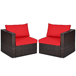 RELAX4LIFE 2-Piece Patio Rattan Loveseat - Sectional Corner Sofa Set w/Removable Cushions & Pillows, All Weather Furniture Set for Porch, Poolside, Balcony, Yard, Outdoor Wicker loveseat (Red)