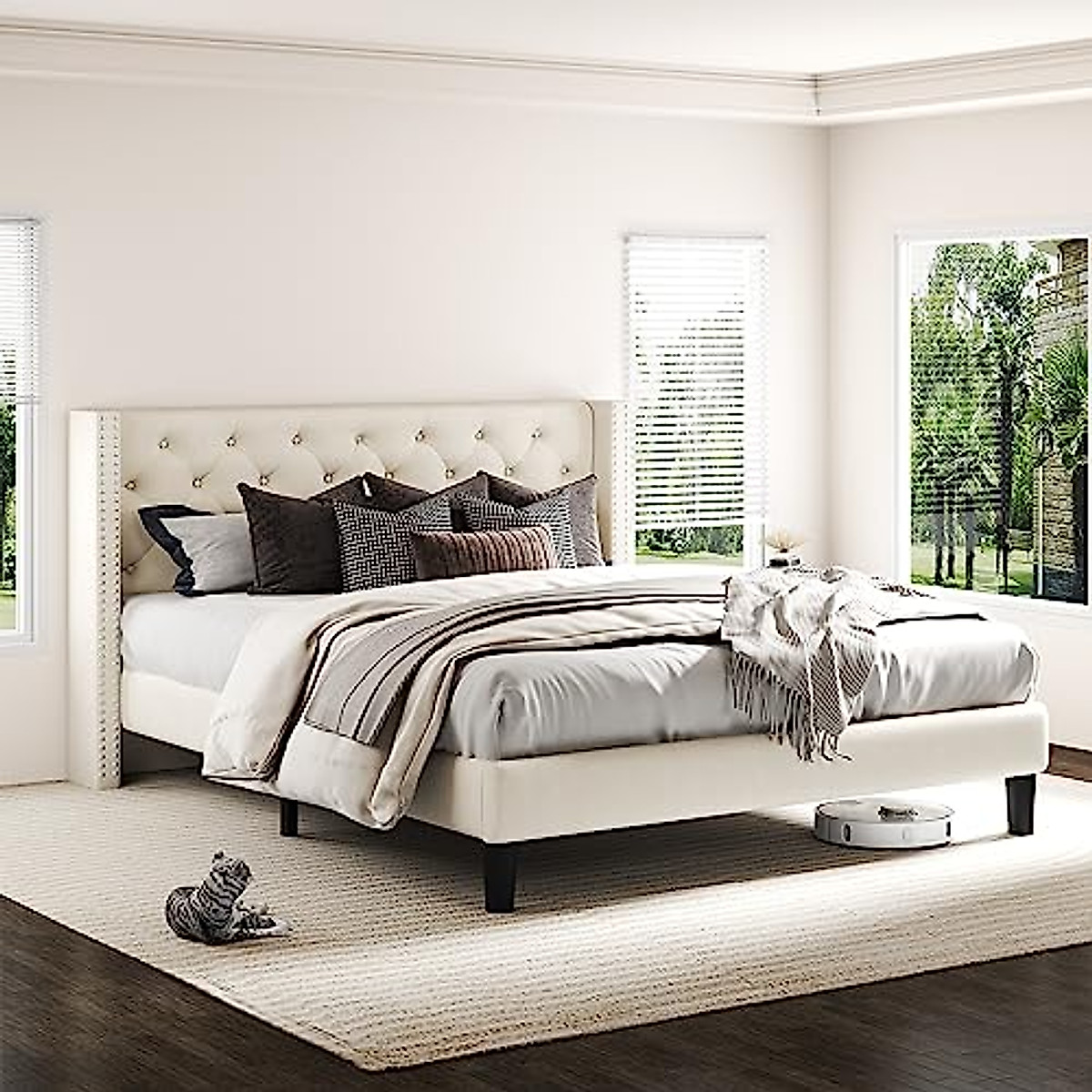 Lonkwa Full Size Bed Frame with Upholstered Wingback Headboard, Beige Platform Bed Frames with Tufted Diamond Button Headboard, Sturdy Wooden Slats, Noise-Free, Easy Assembly