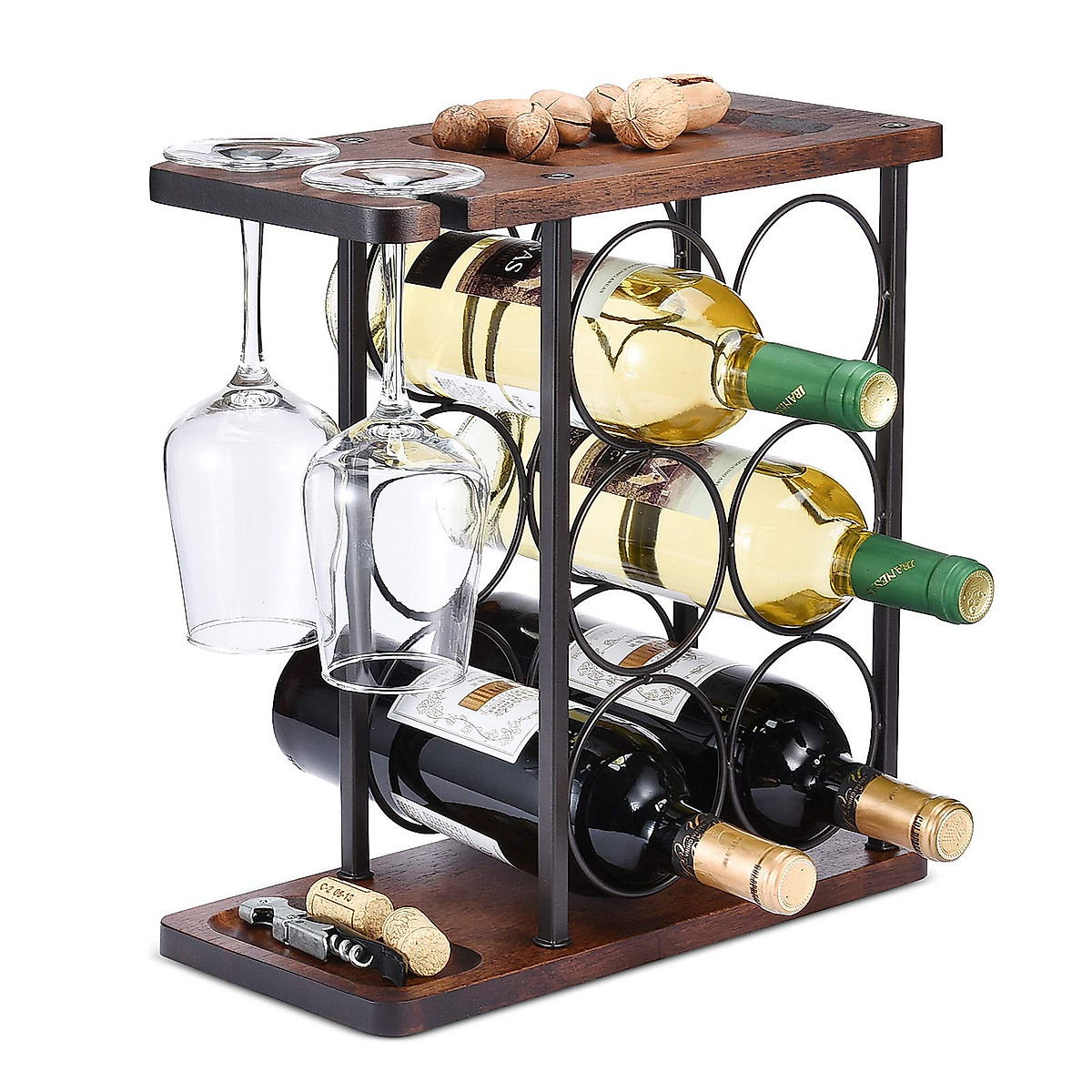 ALLCENER Wine Rack with Glass Holder, Countertop Wine Rack, Wooden Wine Holder with Tray, Perfect for Home Decor & Kitchen Storage Rack etc (Hold 6 Bottles and 2 Glasses )
